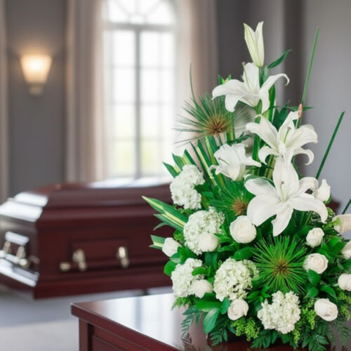 Arreglo Fúnebre Adiós Para Siempre, Rosas, Lirios, Hortensias blancas...